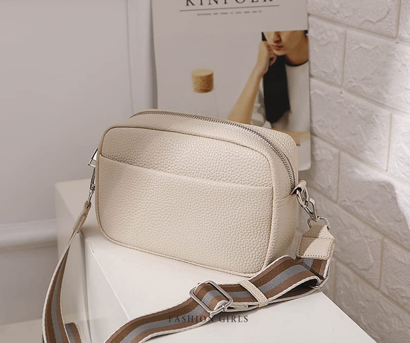 Lushandy Leather Crossbody Bags for Women Crossbody Camera Bag Purse Thick Strap Trendy Small Shoulder Bag with Guitar Strap (Beige)