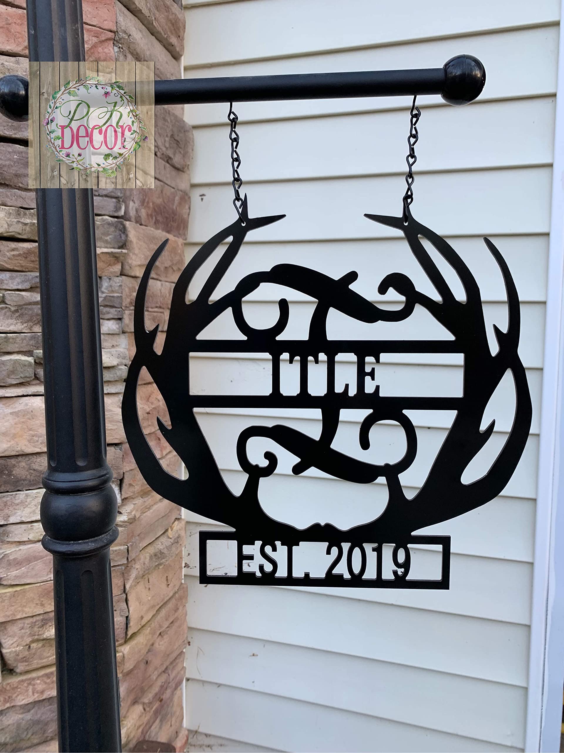 PK Décor Deer Antler Decor with Family Last Name with Established Year, Metal ACM Buck Antlers Sign Gift, Rustic Initial Monogram Door Hanger, QUICK Ship (Split Letter Established Year)