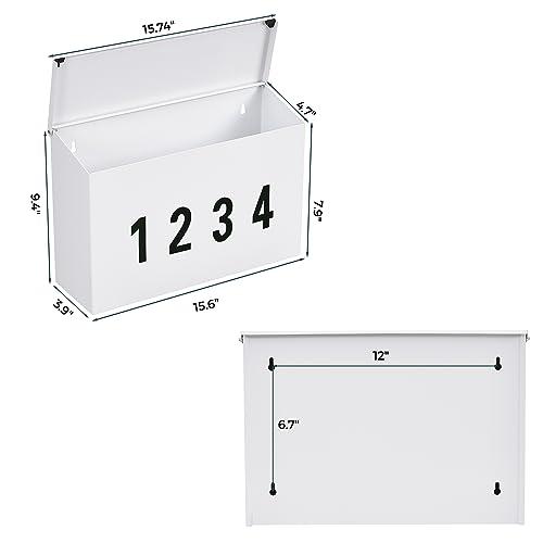 Nunsino Wall-Mounted Mailbox with Flag Kit and 3 Sets of Number Stickers, Metal Post Box, Rust-Resistant for Outside Use,15.24” L x 4.72”W x 10.43”H, White