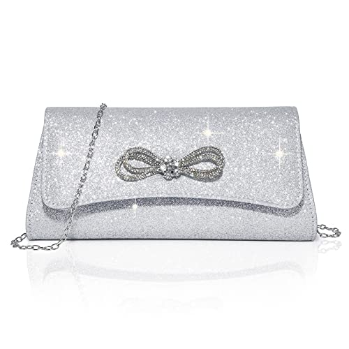 Labair Womens Evening Bag Sparkly Bow Clutch Purses for Women Wedding Prom Formal purses Handbags. (Silver)