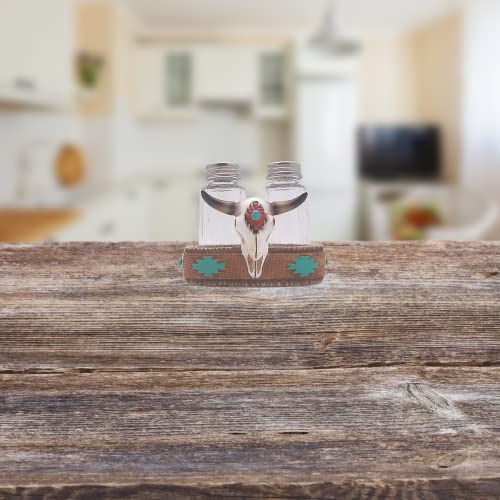 Salt and Pepper Set Holder with a Cow Skull Design, Southwestern Décor, Shakers Included, 4.75 Inches