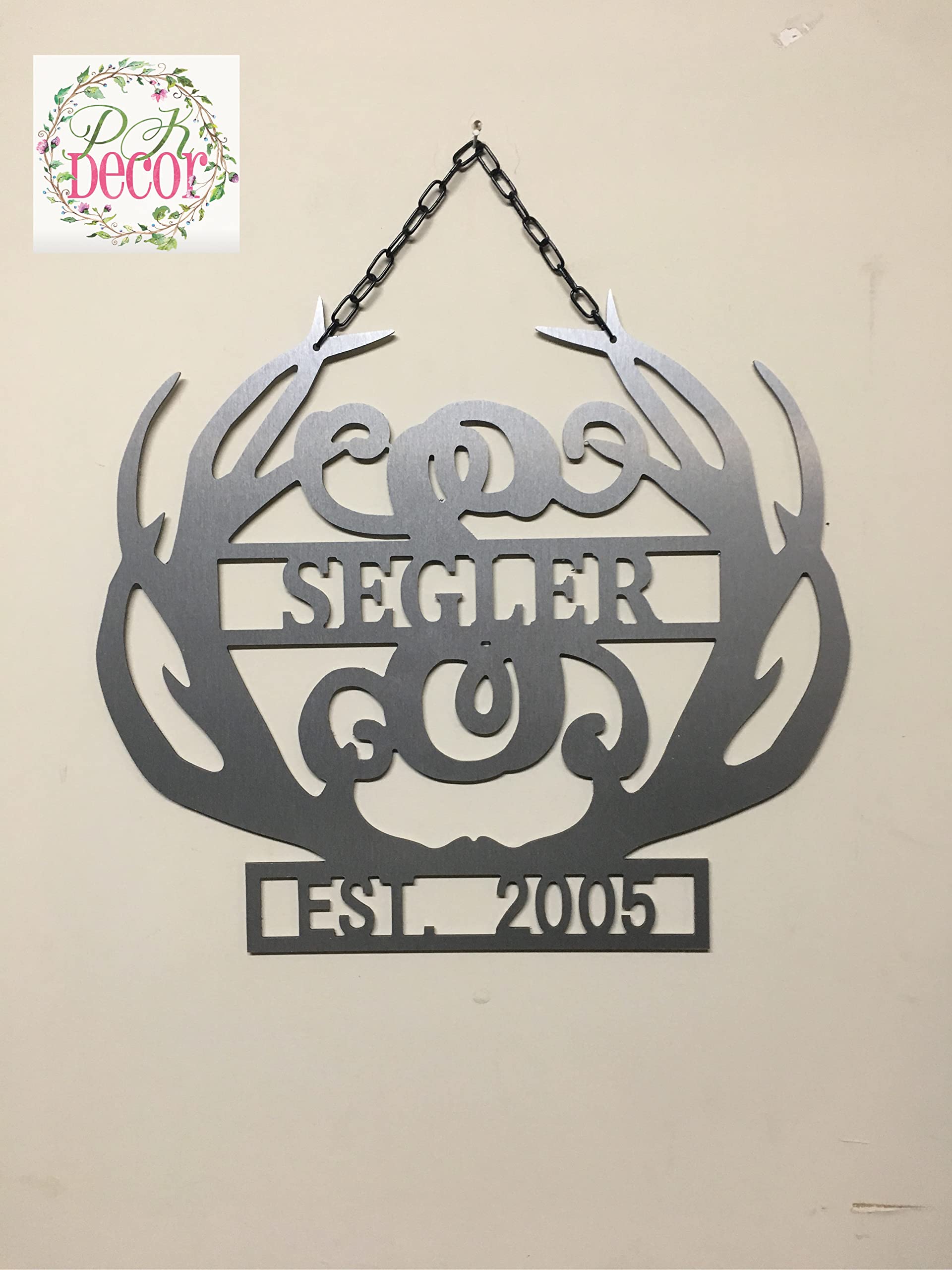 PK Décor Deer Antler Decor with Family Last Name with Established Year, Metal ACM Buck Antlers Sign Gift, Rustic Initial Monogram Door Hanger, QUICK Ship (Split Letter Established Year)