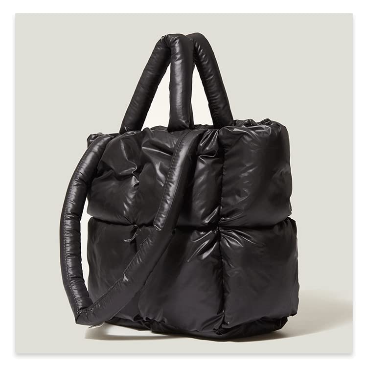 Angryapple Large Puffer Tote Bag,Soft Small Square Filled One Shoulder Portable Women's Bag,Winter Soft Puffer Shoulder Bag (black)