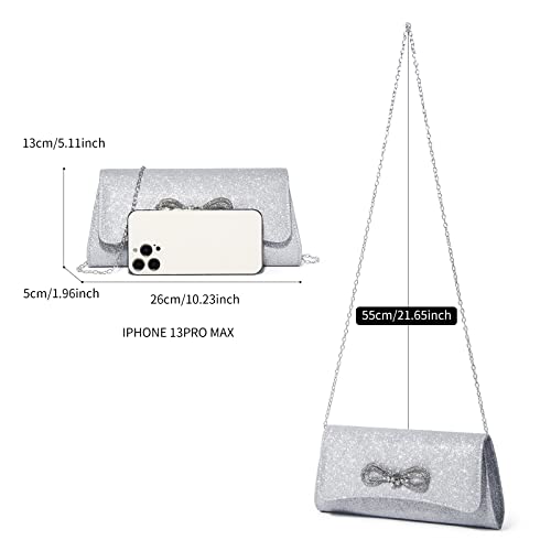 Labair Womens Evening Bag Sparkly Bow Clutch Purses for Women Wedding Prom Formal purses Handbags. (Silver)