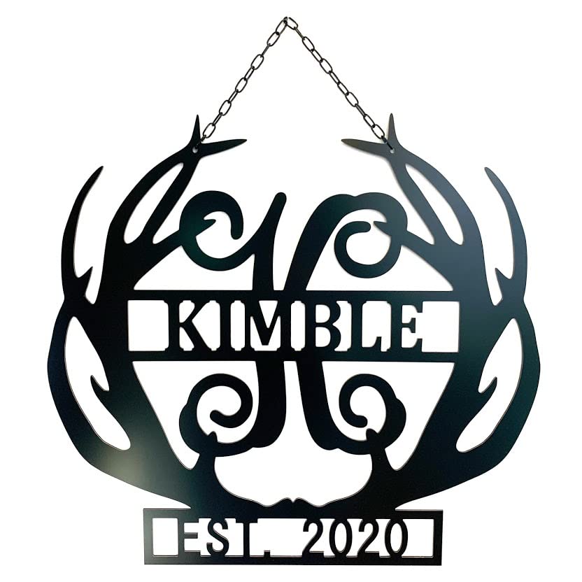PK Décor Deer Antler Decor with Family Last Name with Established Year, Metal ACM Buck Antlers Sign Gift, Rustic Initial Monogram Door Hanger, QUICK Ship (Split Letter Established Year)