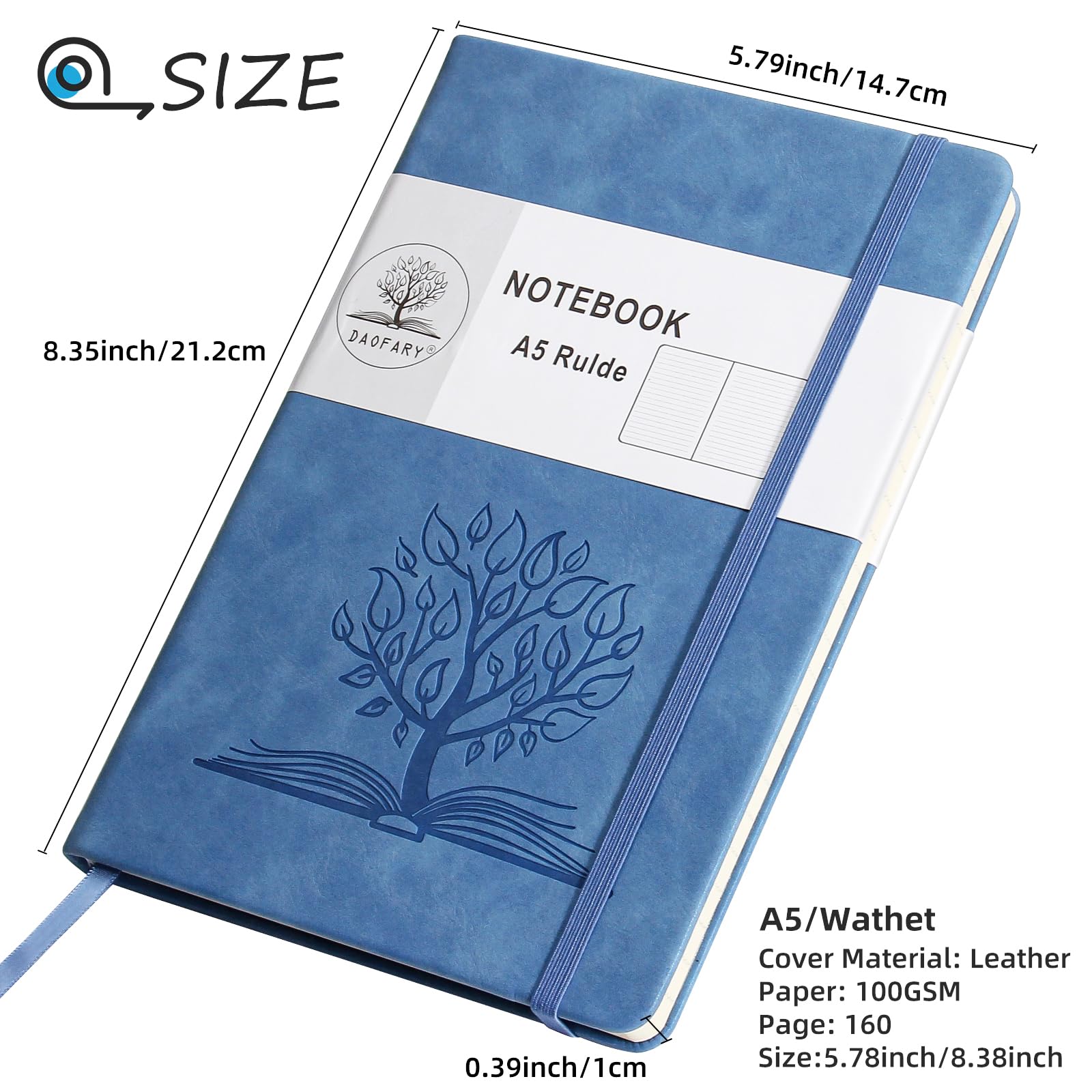 Daofary A5 Journal Notebook, Leather Ruled Notebooks 160 Pages Diary 100gsm Thick Paper Writing Hardcover Notebook with Pocket for Work Men Woman 8.4 x 5.7 in