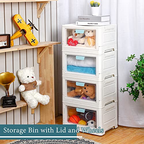 Berlune 23 Quart Stackable Storage Bins with Double Doors 15 x 11 x 9.8 In, Collapsible Plastic Storage Bins Foldable Lidded Storage Boxes with Wheels for Room Book Toy Organization (6 Pieces)
