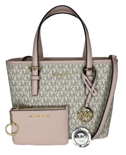 Michael Kors Jet Set Travel XS Carryall Convertible Top Zip Tote bundled with SM TZ Coinpouch and Purse Hook (Signature MK Vanilla/Pink)