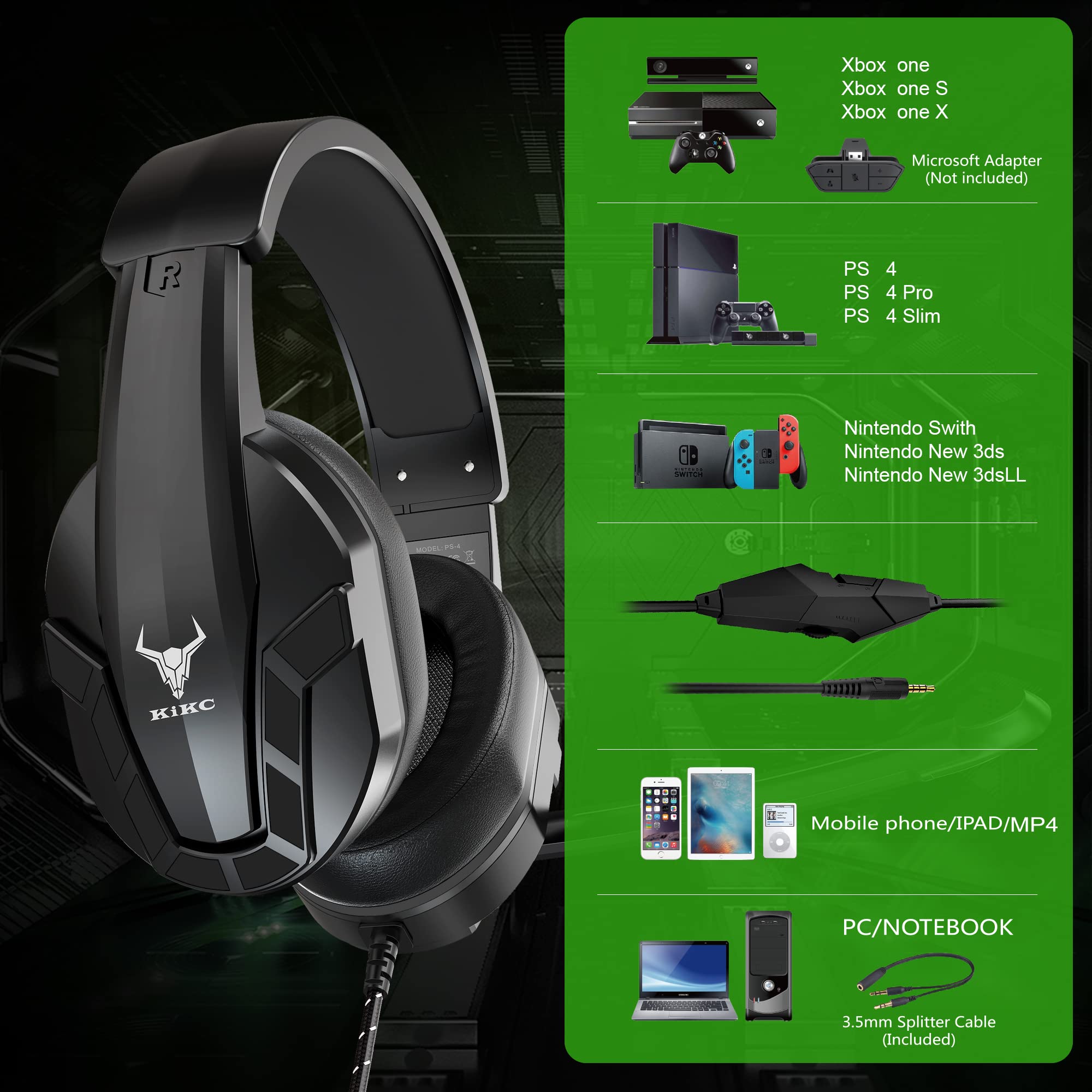 Kikc PS4 Gaming Headset with Mic for Xbox One, PS5, PC, Mobile Phone and Notebook, Controllable Volume Gaming Headphones with Soft Earmuffs, Headphones