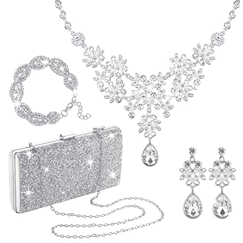 4 Pieces Silver Clutch Purse Rhinestone Jewelry Set for Women Glitter Evening Clutch Bag and Crystal Dangle Earrings Bridal Wedding Necklace Bracelet Prom Jewelry Set for Wedding Bridal Evening Party