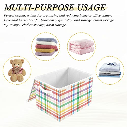 SUABO Rainbow Tartan Glen Plaid Storage Bin with Lid Large Oxford Cloth Storage Boxes Foldable Home Cube Baskets Closet Organizers for Nursery Bedroom Office