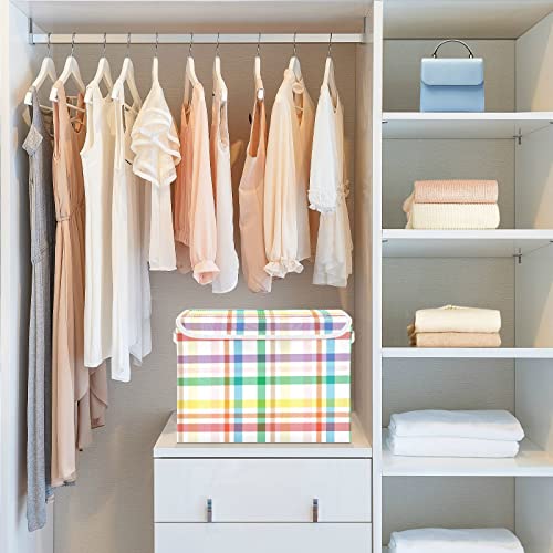 SUABO Rainbow Tartan Glen Plaid Storage Bin with Lid Large Oxford Cloth Storage Boxes Foldable Home Cube Baskets Closet Organizers for Nursery Bedroom Office