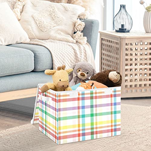 SUABO Rainbow Tartan Glen Plaid Storage Bin with Lid Large Oxford Cloth Storage Boxes Foldable Home Cube Baskets Closet Organizers for Nursery Bedroom Office