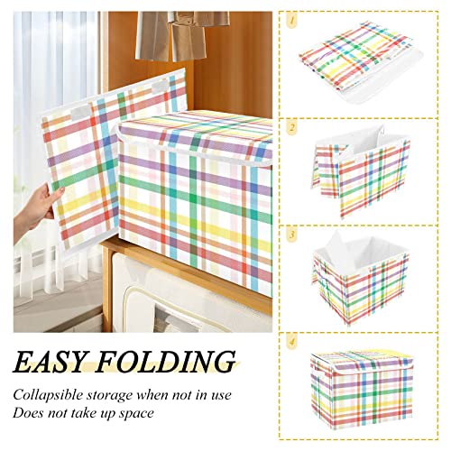SUABO Rainbow Tartan Glen Plaid Storage Bin with Lid Large Oxford Cloth Storage Boxes Foldable Home Cube Baskets Closet Organizers for Nursery Bedroom Office