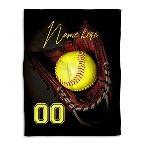 OhaPrints Custom Softball Glove Ball for Player Fan Idea Personalized Name Number Soft Sherpa Throw Blankets Cozy Fuzzy Fleece Throws for Tv Sofa Couch Comfy Fluffy Blanket 30X40 50X60 60X80