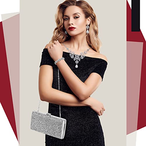 4 Pieces Silver Clutch Purse Rhinestone Jewelry Set for Women Glitter Evening Clutch Bag and Crystal Dangle Earrings Bridal Wedding Necklace Bracelet Prom Jewelry Set for Wedding Bridal Evening Party