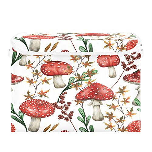 Mushroom Leaves Storage Basket 16.5x12.6x11.8 In Collapsible Fabric Storage Cubes Organizer Large Storage Bin with Lids and Handles for Shelves Bedroom Closet Office