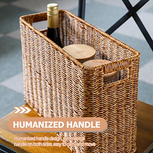Zerodeko Imitation Rattan Hand Woven Magazine Basket, with Handles, Plastic Storage Basket Magazine Wicker Basket Hollow Handle Basket Desktop Magazine Holder