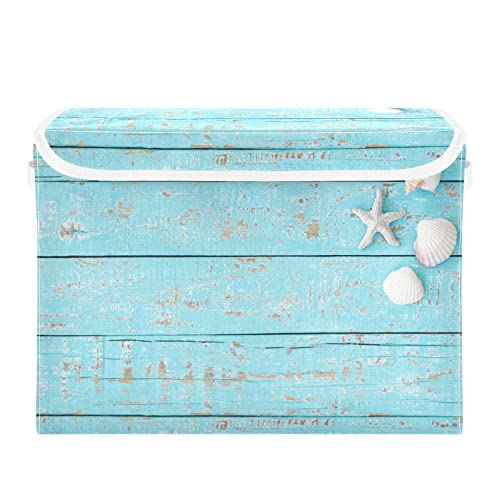 GOODOLD Blue Vintage Wooden Starfish Storage Bins with Lids, 16.5x12.6x11.8in Large Collapsible Fabric Storage Boxes with Handles, Stackable Cube Organizer Containers for Closet Home Office