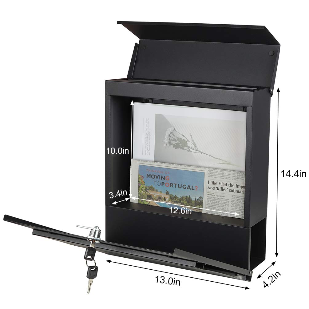 Decaller Metal Wall Mounted Mailboxes with Key Lock, Large Mail Box with Newspaper Compartment, Black, 13" x 14 2/5" x 4 1/5"