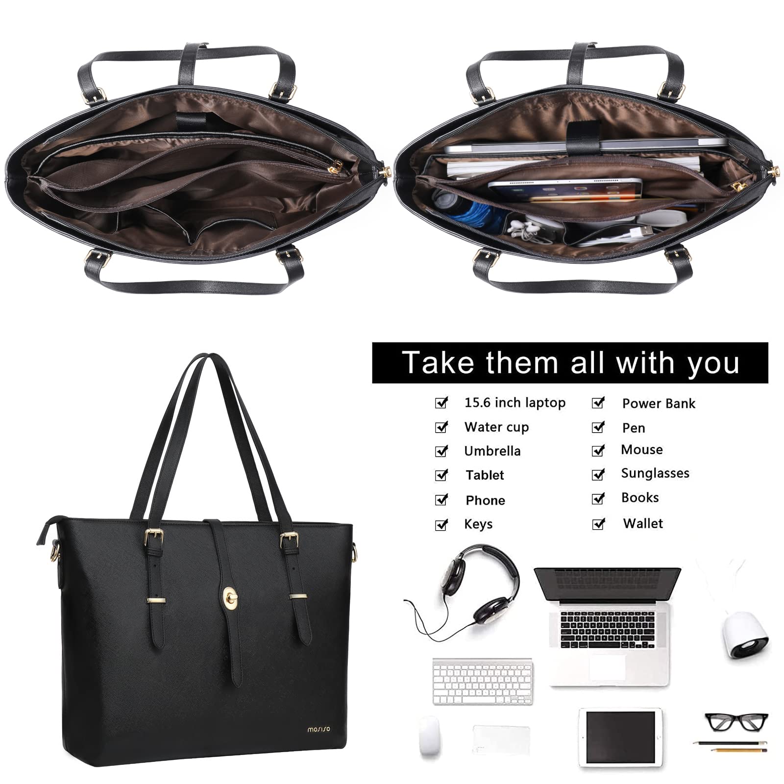 MOSISO Laptop Tote Bag Compatible with MacBook Pro 16 inch M4 M3 M2 M1 2025-2019, 15-15.6 inch PU Leather Briefcase with Middle Button & Small Purse&Shoulder Strap, Black