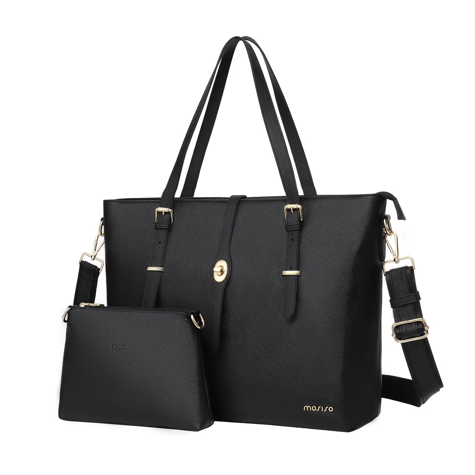 MOSISO Laptop Tote Bag Compatible with MacBook Pro 16 inch M4 M3 M2 M1 2025-2019, 15-15.6 inch PU Leather Briefcase with Middle Button & Small Purse&Shoulder Strap, Black