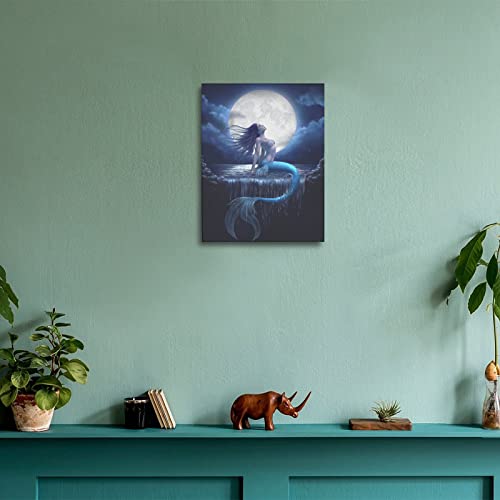 Mermaid Wall Art Moon Canvas Paintings with Framed Beach Picture Sea Artwork Prints Home Decor Hang for Bathroom Living Room Bedroom Kitchen 12x16 Inch