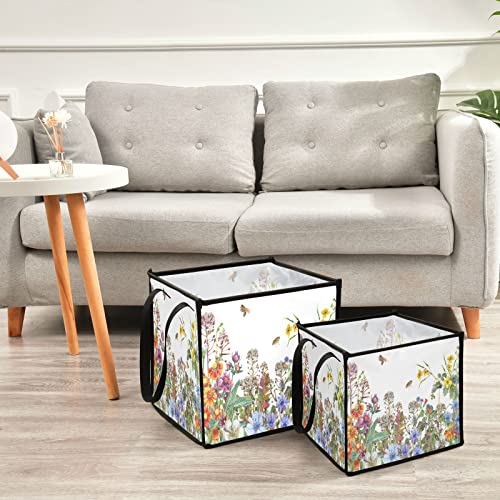 Kigai Flowers and Animals Cube Storage Bins, 13x13x13inch Collapsible Fabric Storage Cubes Organizer with Handles Decorative Storage Baskets for Home, Shelf, Closet