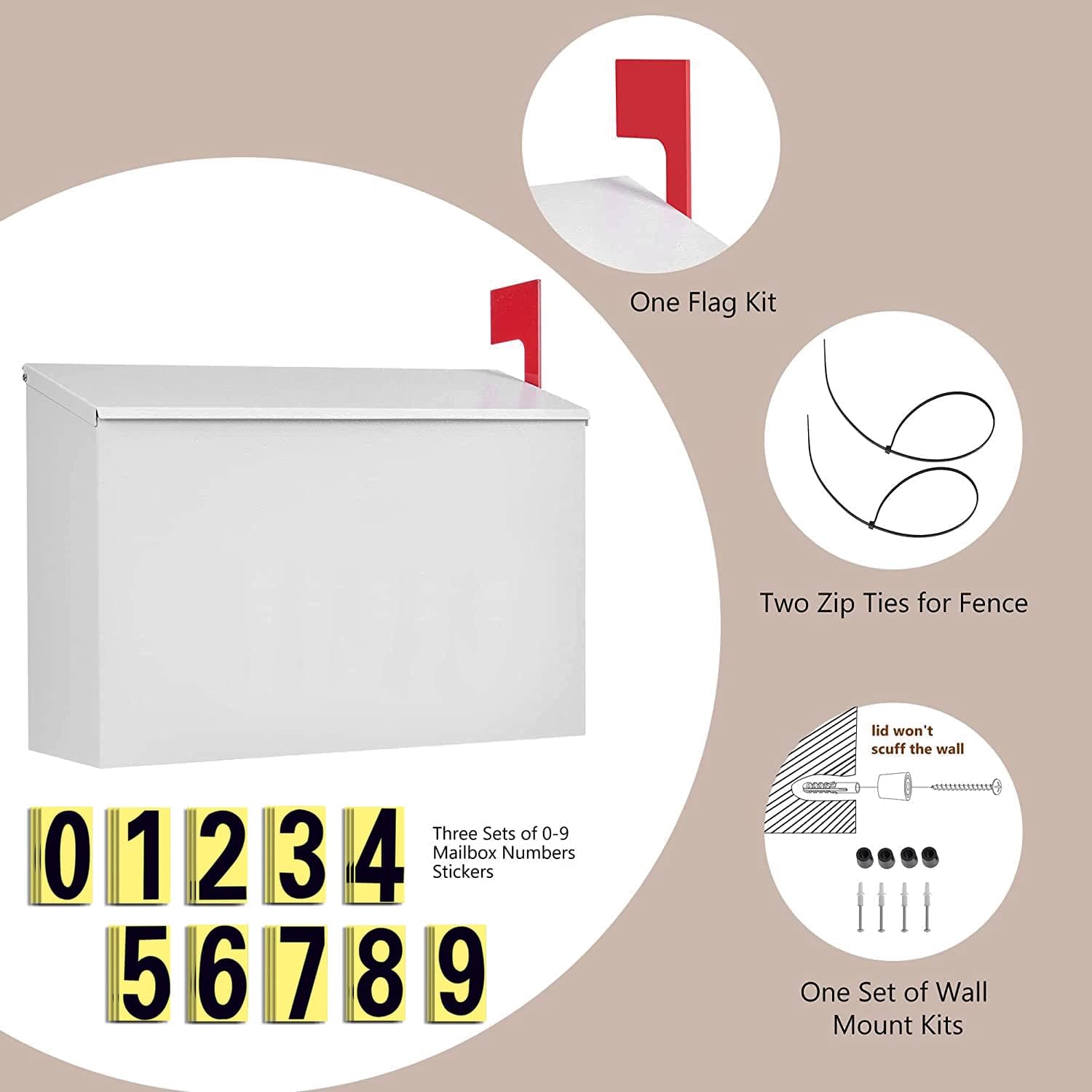 LAND·VOI Wall-Mount Mailbox with One Flag Kit and Three Sets of 0-9 Mailbox Number Stickers, Galvanized Steel Rust-Proof Metal Post Box, Mailboxes for Outside, 4.33" Dx14.2 Wx10.43 H, White AMB03W