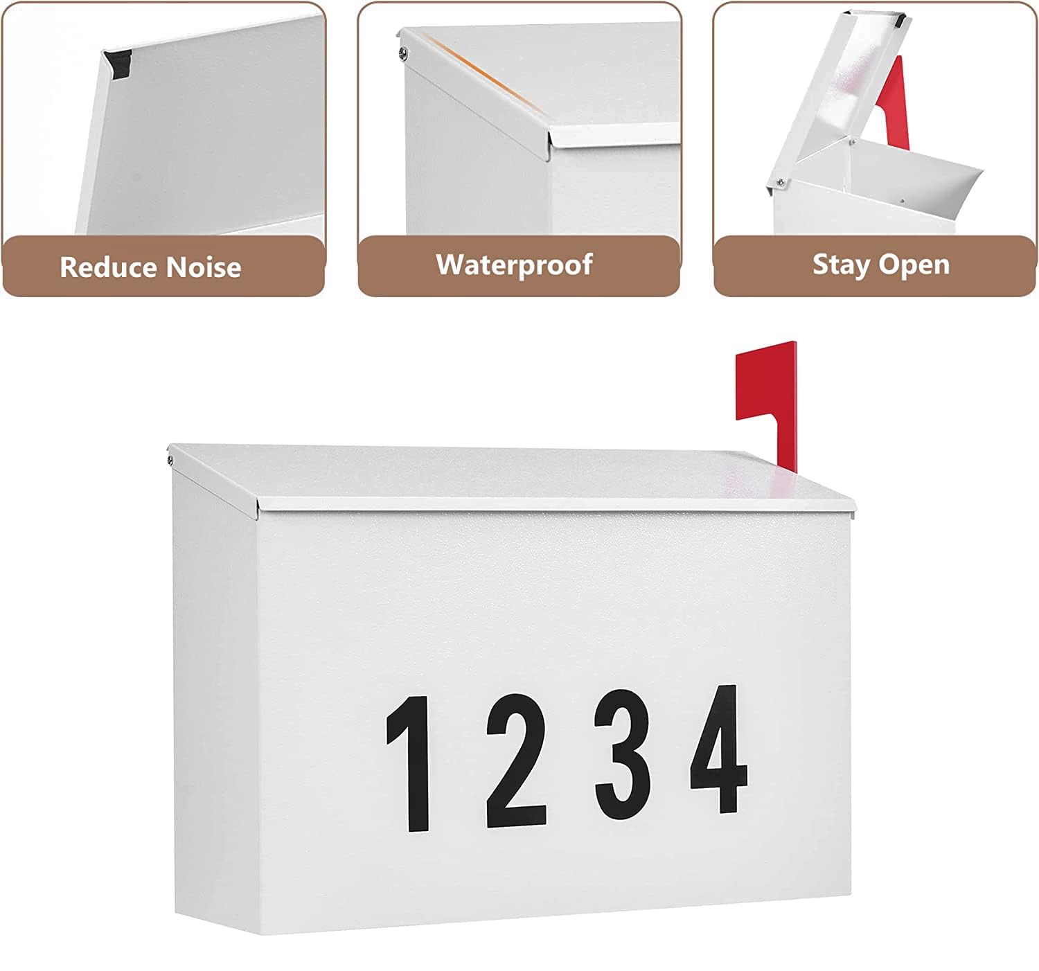 LAND·VOI Wall-Mount Mailbox with One Flag Kit and Three Sets of 0-9 Mailbox Number Stickers, Galvanized Steel Rust-Proof Metal Post Box, Mailboxes for Outside, 4.33" Dx14.2 Wx10.43 H, White AMB03W