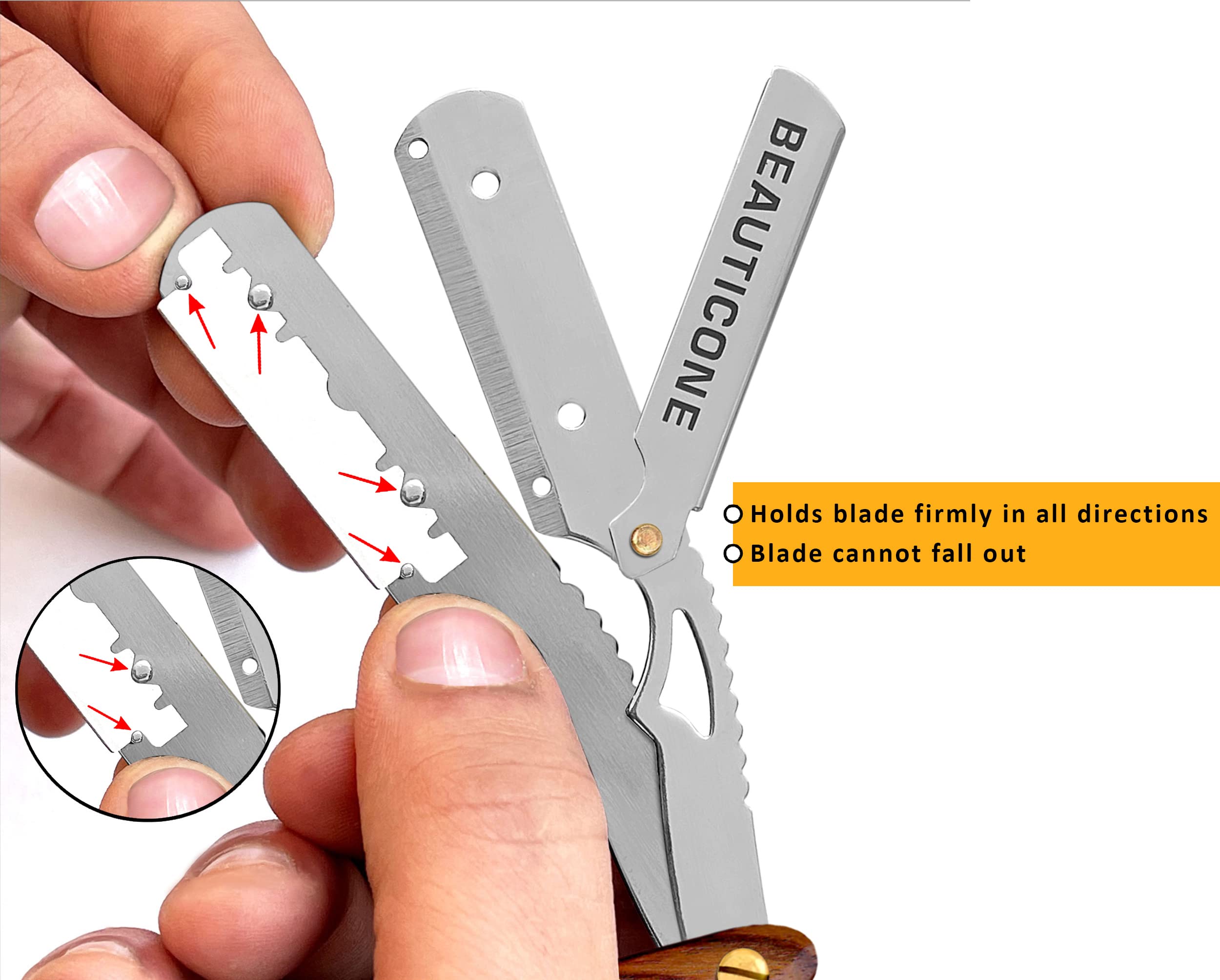 BEAUTICONE Straight Razor for Men, Professional Rose Wooden Handle with Polished Blade Barber Razor with 100 Single Edge Blades, Straight Edge Single Blade Razors for Men
