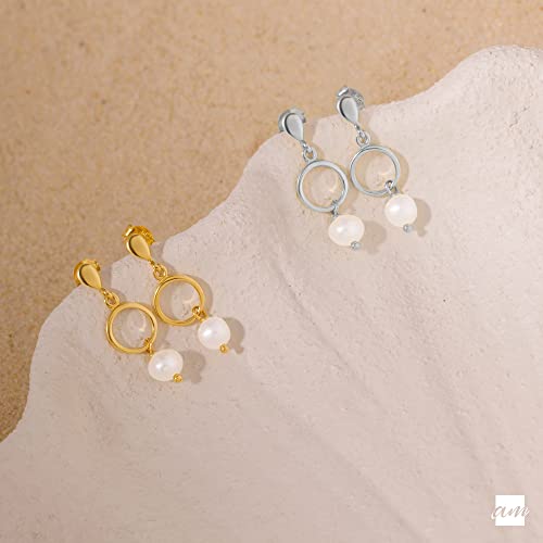 Amberta Women 925 Sterling Silver Freshwater Pearl Earrings: 5 mm Silver Pearl Drop Earrings - Silver