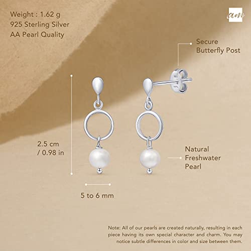Amberta Women 925 Sterling Silver Freshwater Pearl Earrings: 5 mm Silver Pearl Drop Earrings - Silver