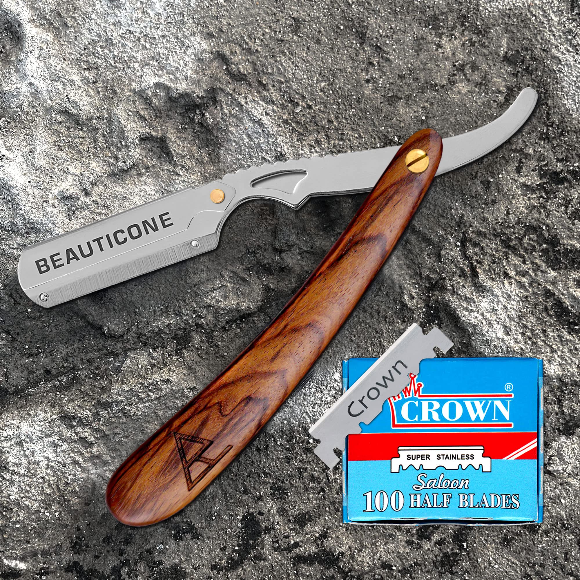 BEAUTICONE Straight Razor for Men, Professional Rose Wooden Handle with Polished Blade Barber Razor with 100 Single Edge Blades, Straight Edge Single Blade Razors for Men