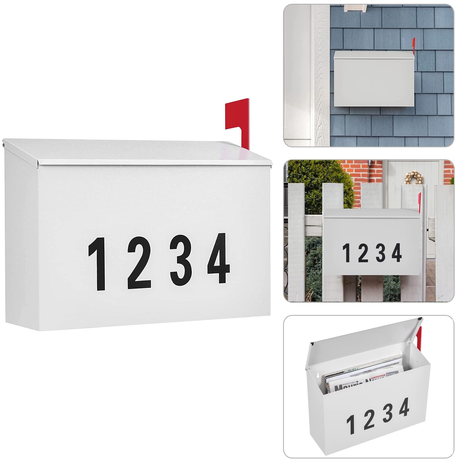 LAND·VOI Wall-Mount Mailbox with One Flag Kit and Three Sets of 0-9 Mailbox Number Stickers, Galvanized Steel Rust-Proof Metal Post Box, Mailboxes for Outside, 4.33" Dx14.2 Wx10.43 H, White AMB03W