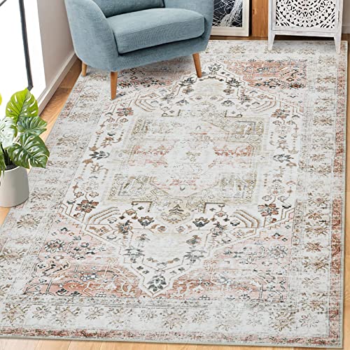 RUGSREAL Area Rug 4x6 Persian Rug Vintage Taupe Print Rug Indoor Floor Cover Distressed Carpet Thin Rug Foldable Chenille Rug for Home, Taupe Flower, 4 x 6