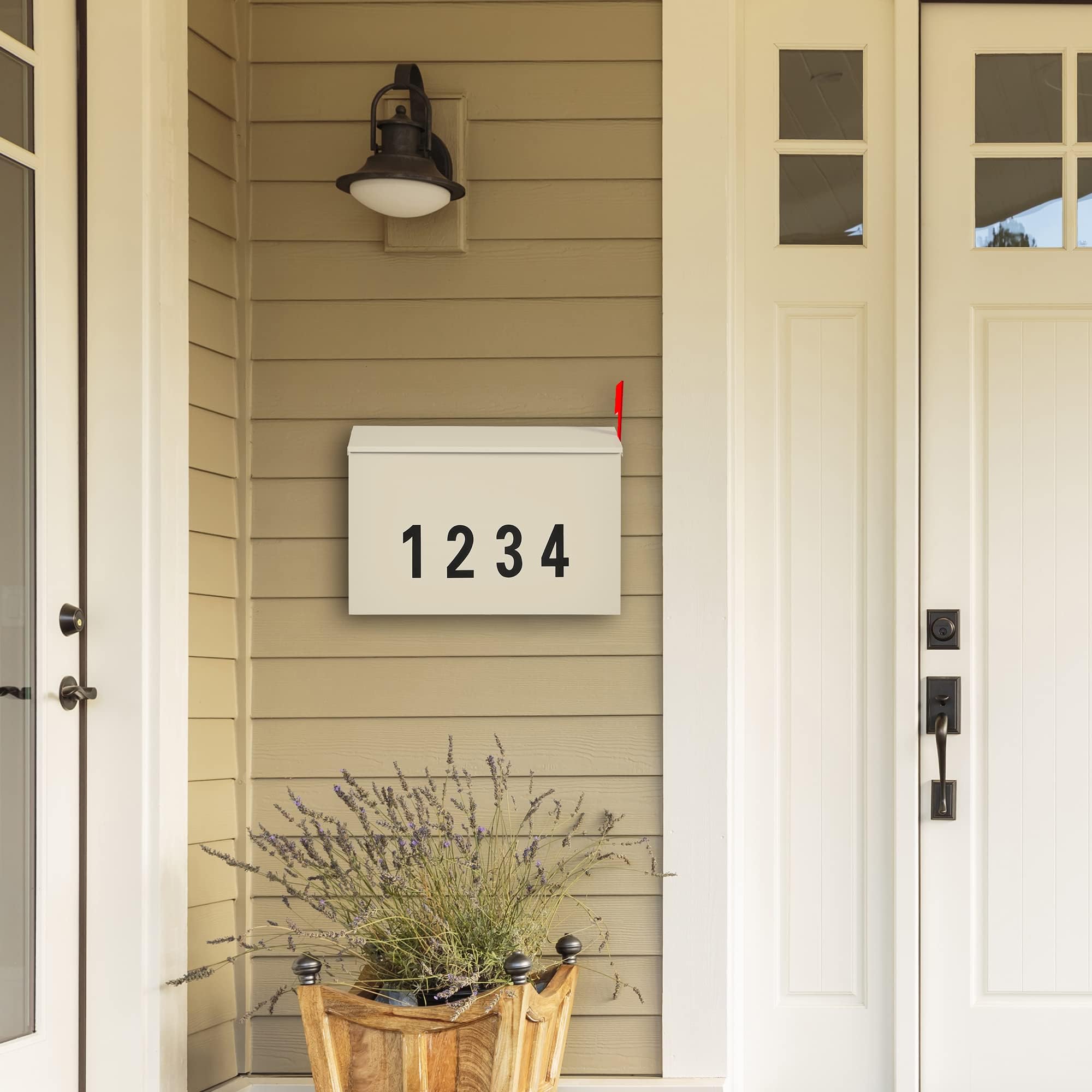 LAND·VOI Wall-Mount Mailbox with One Flag Kit and Three Sets of 0-9 Mailbox Number Stickers, Galvanized Steel Rust-Proof Metal Post Box, Mailboxes for Outside, 4.33" Dx14.2 Wx10.43 H, White AMB03W
