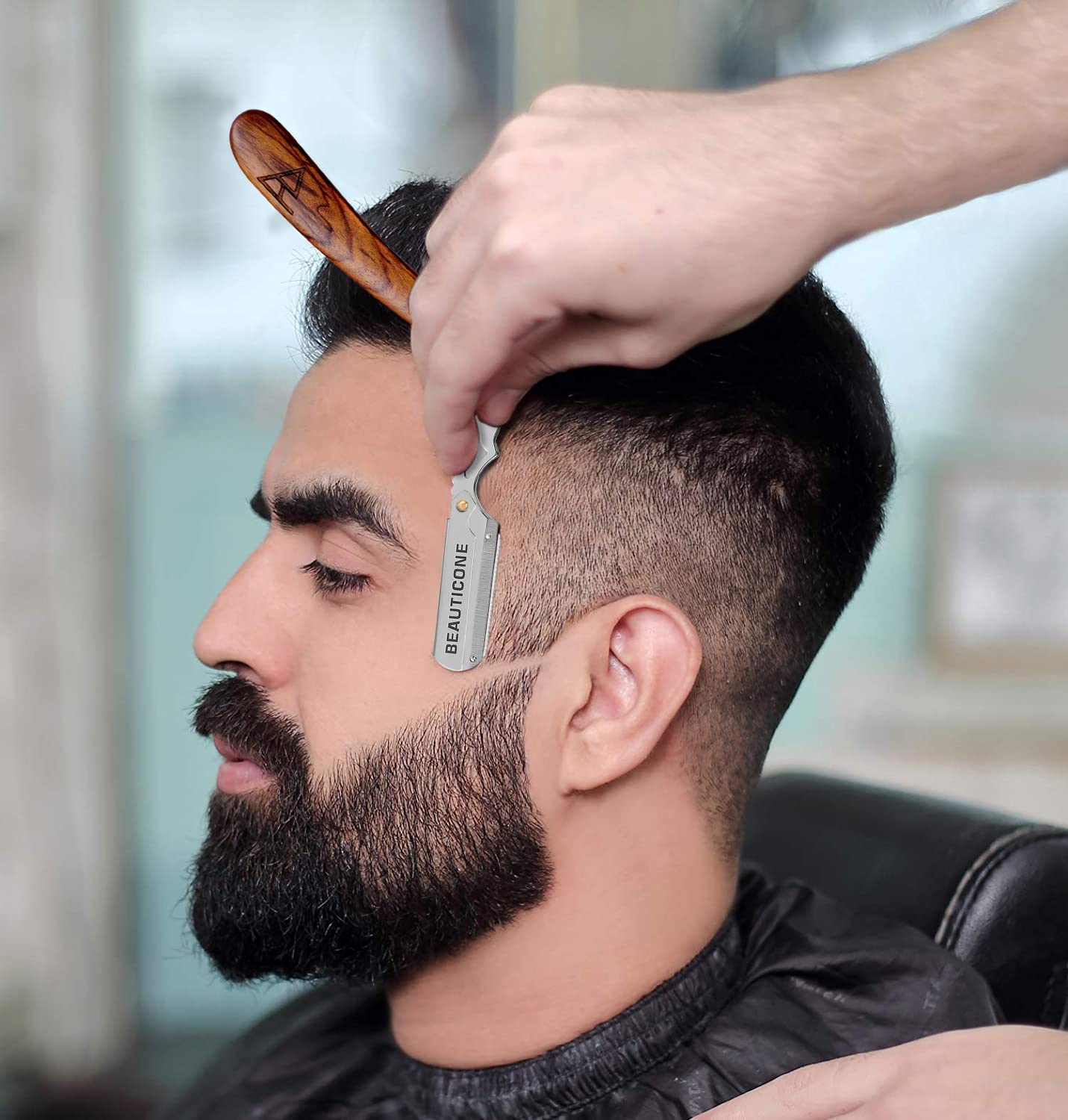 BEAUTICONE Straight Razor for Men, Professional Rose Wooden Handle with Polished Blade Barber Razor with 100 Single Edge Blades, Straight Edge Single Blade Razors for Men