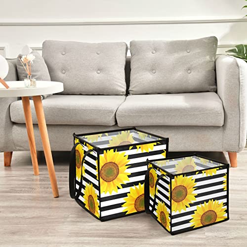 KEEPREAL Sunflower Black and White Stripes Cube Storage Bin with Handles, Large Collapsible Organizer Storage Basket for Home Decorative(1Pack,10.6 x 10.6 x 10.6 in)
