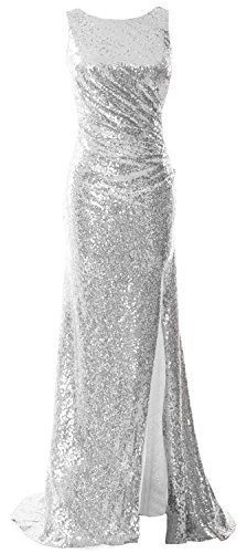 MACloth Women Sequin Long Bridesmaid Dresses Cowl Back Prom Evening Gown Split (US10, Silver)