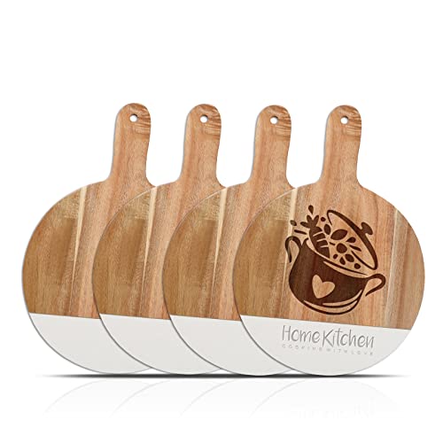 PYD Life Marble Wood Cheese Cutting Board 9.6" x 13.8" Round with Handle for Xtool Laser Engraving Custom Designs Cake Fruits Vegetables Bread Serving Board for Kitchen 4 Pack