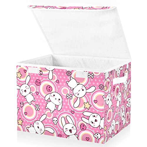 RunningBear Kawaii Rabbit Large Storage Bins with Lid Collapsible Storage Bin Storage Containers Foldable Fabric Storage Boxes for Home Office