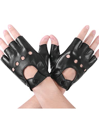 FLORVIV Black Fingerless Gloves PU Faux Leather Goth Cosplay Costume Punk Halloween Performance for Men
