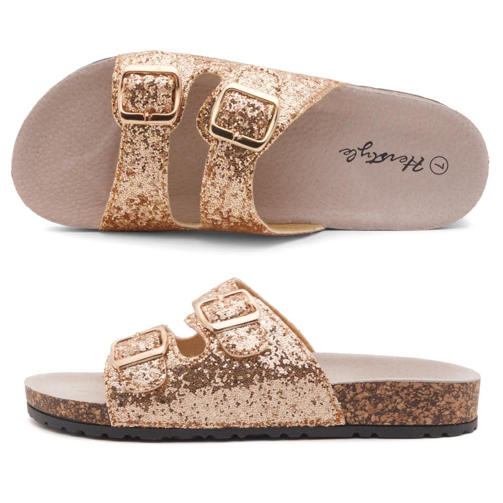 Herstyle Softey Women’s Flat Sandals Cork Footbed Slides Open Toe Slip-On Slippers with 2 Adjustable Straps Comfort Slides for Summer Vacation and Daily Wear, 1836RosegoldGlitterr, Size 9.0