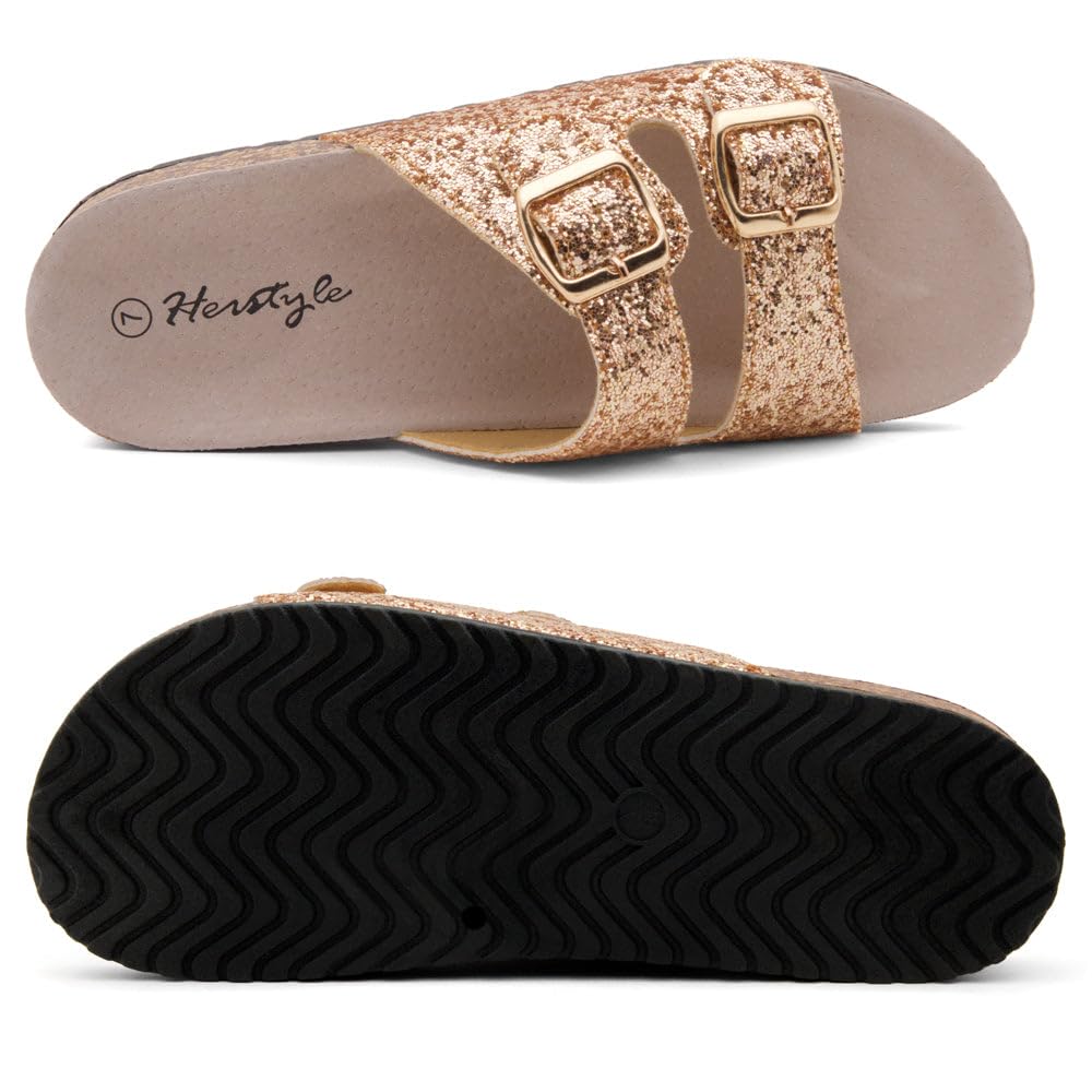 Herstyle Softey Women’s Flat Sandals Cork Footbed Slides Open Toe Slip-On Slippers with 2 Adjustable Straps Comfort Slides for Summer Vacation and Daily Wear, 1836RosegoldGlitterr, Size 9.0