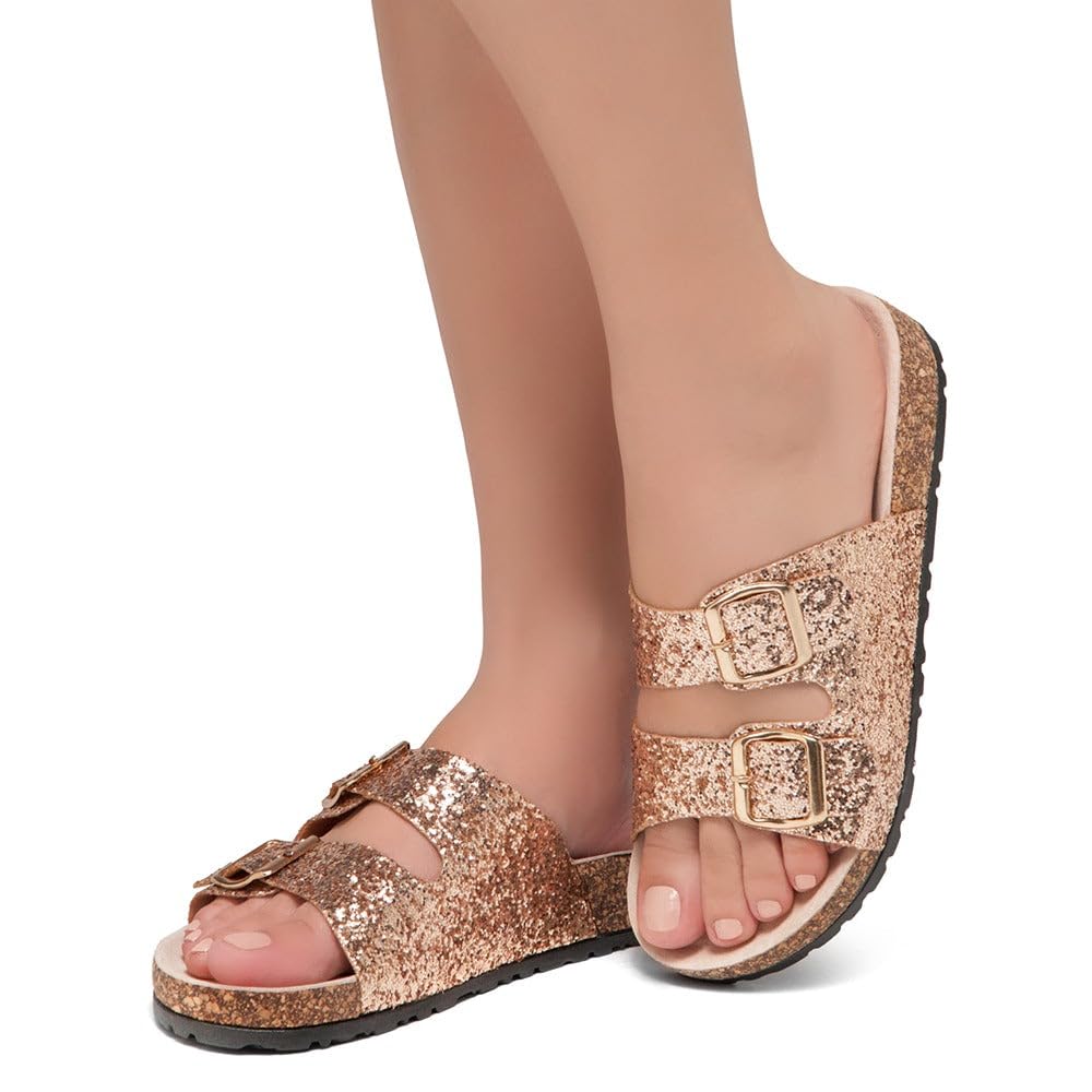 Herstyle Softey Women’s Flat Sandals Cork Footbed Slides Open Toe Slip-On Slippers with 2 Adjustable Straps Comfort Slides for Summer Vacation and Daily Wear, 1836RosegoldGlitterr, Size 9.0