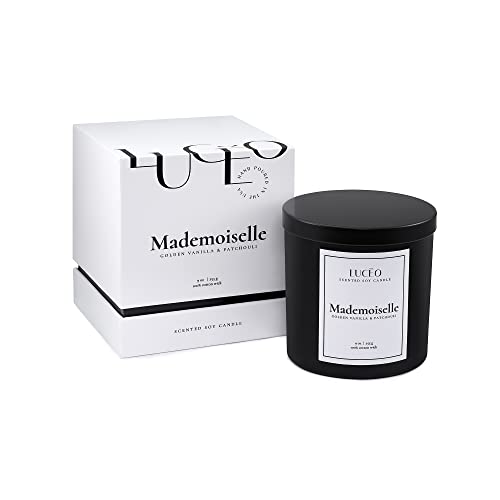 LUCEO Mademoiselle Golden Vanilla and Patchouli Luxury Scented Soy Candle, 9 OZ. β Long Burning Candle Gift Set for Women β Large Scented Candle for Relaxation β Vegan Friendly
