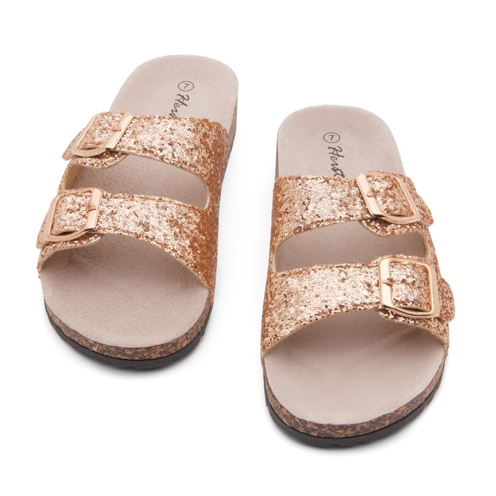 Herstyle Softey Women’s Flat Sandals Cork Footbed Slides Open Toe Slip-On Slippers with 2 Adjustable Straps Comfort Slides for Summer Vacation and Daily Wear, 1836RosegoldGlitterr, Size 9.0