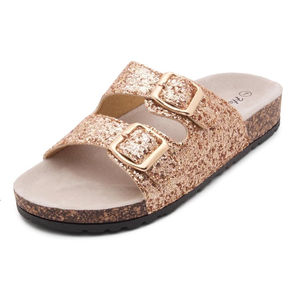 Herstyle Softey Womenâs Flat Sandals Cork Footbed Slides Open Toe Slip-On Slippers with 2 Adjustable Straps Comfort Slides for Summer Vacation and Daily Wear, 1836RosegoldGlitterr, Size 9.0