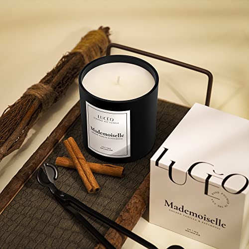 LUCEO Mademoiselle Golden Vanilla and Patchouli Luxury Scented Soy Candle, 9 OZ. β Long Burning Candle Gift Set for Women β Large Scented Candle for Relaxation β Vegan Friendly